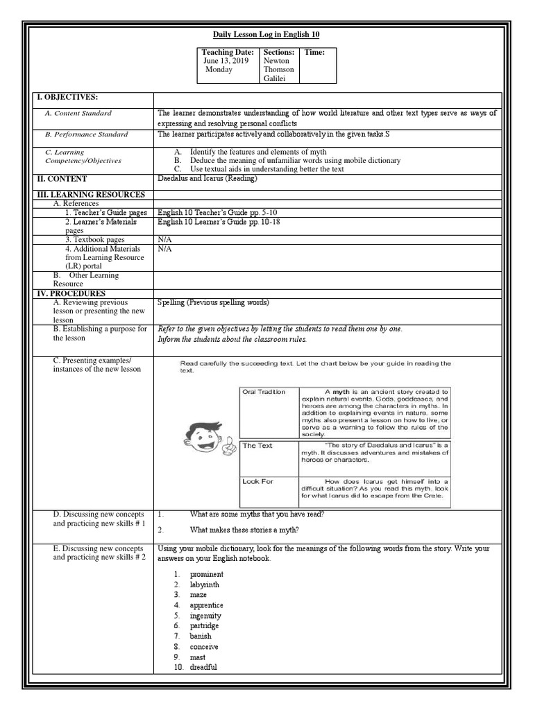 Daedalus and Icarus Lesson Plan | PDF | Learning | Teachers