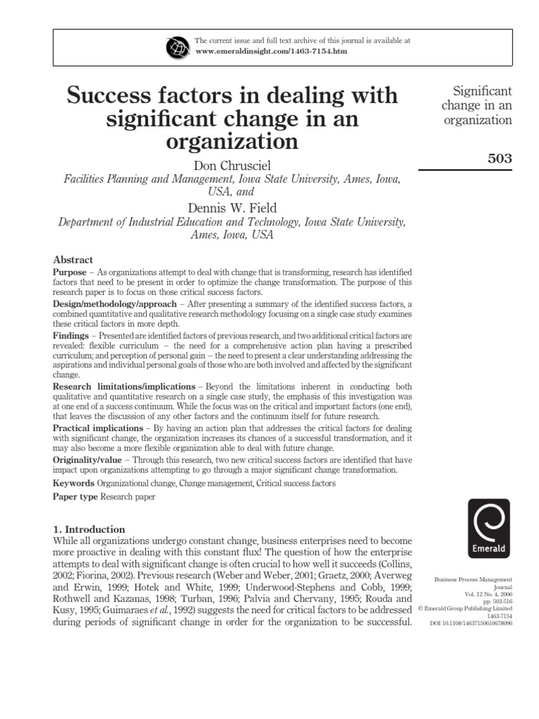 Success Factors in Dealing With Significant Change in An Organization ...