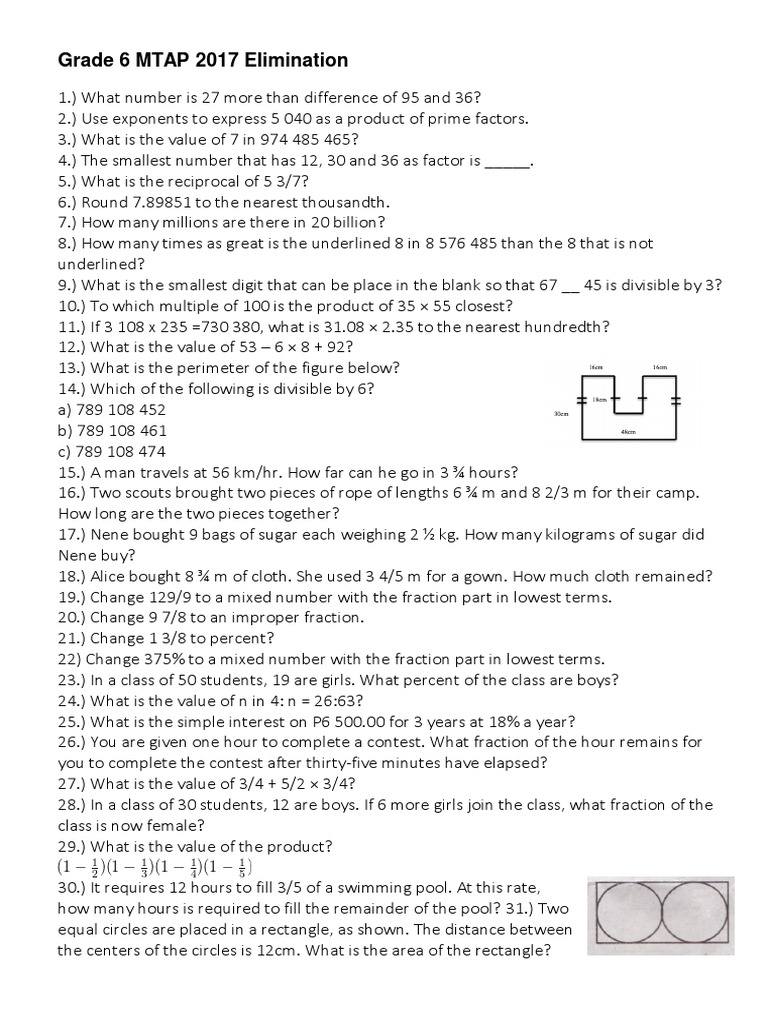 Grade 6 MTAP 2017 Elimination | PDF | Area | Fraction (Mathematics)