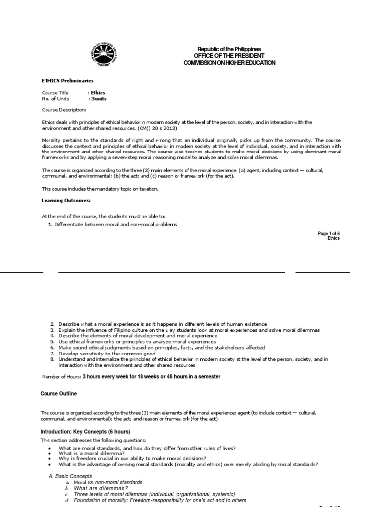 CHED Ethics Course Syllabus | PDF | Social Justice | Morality