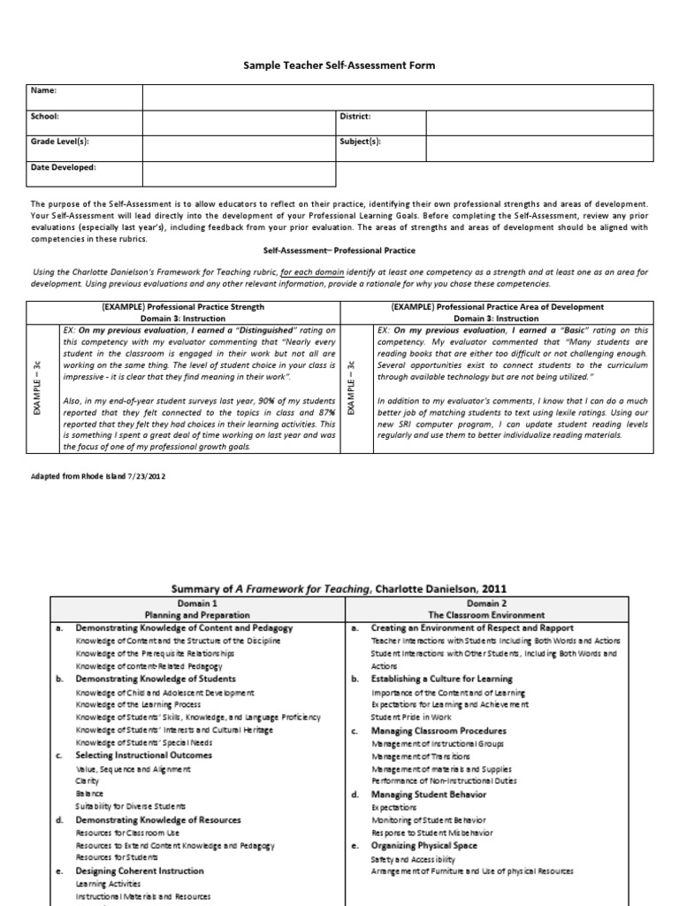 Sample Teacher Self-Assessment Form: Name: School: District: Grade ...