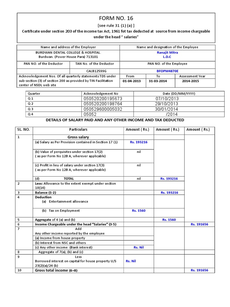 Form No. 16: (See Rule 31 (1) (A) ) | Download Free PDF | Loans | Interest