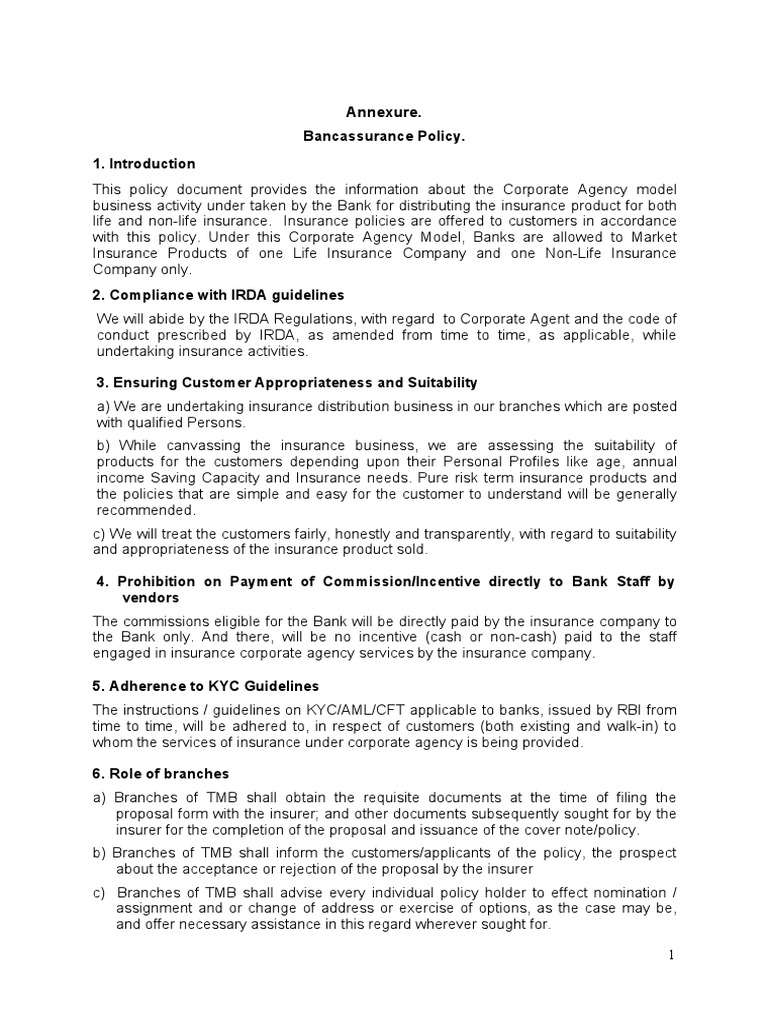 Policy Bancassurance 01 PDF | PDF | Insurance | Banks