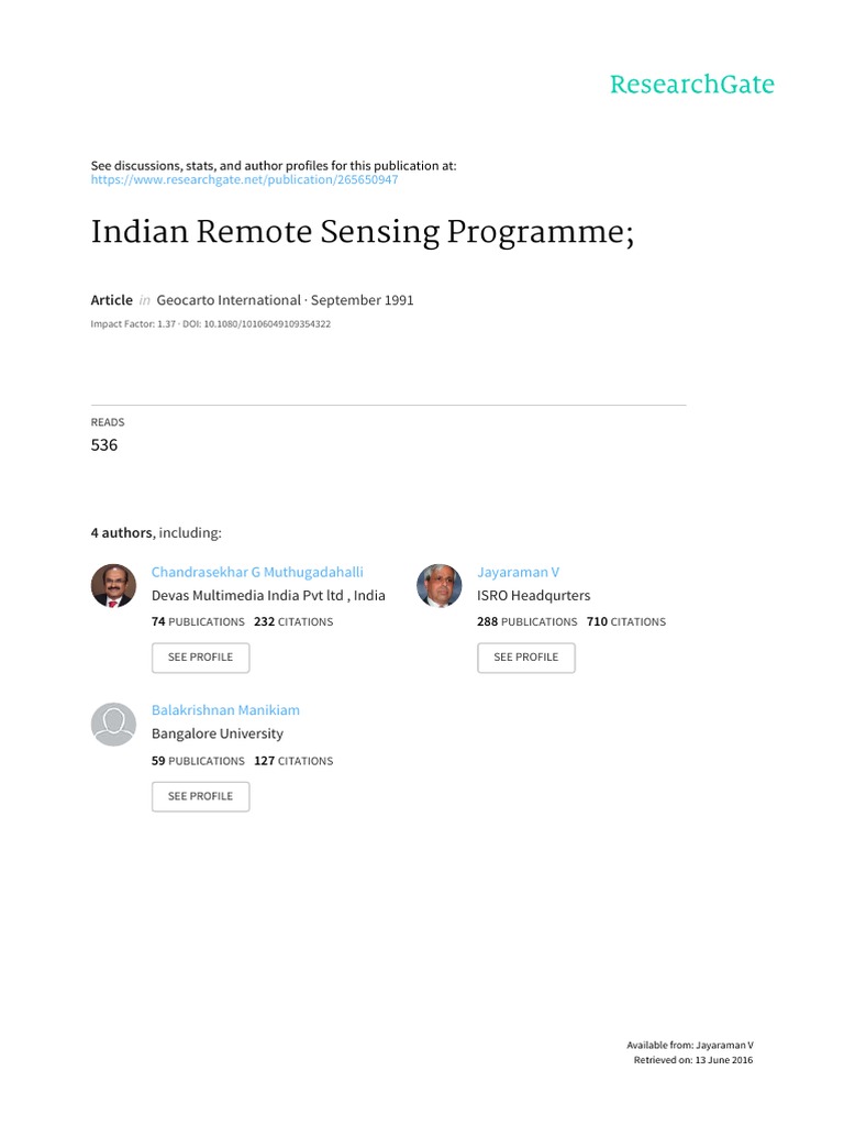 Indian Remote Sensing Programme : Geocarto International September 1991 ...