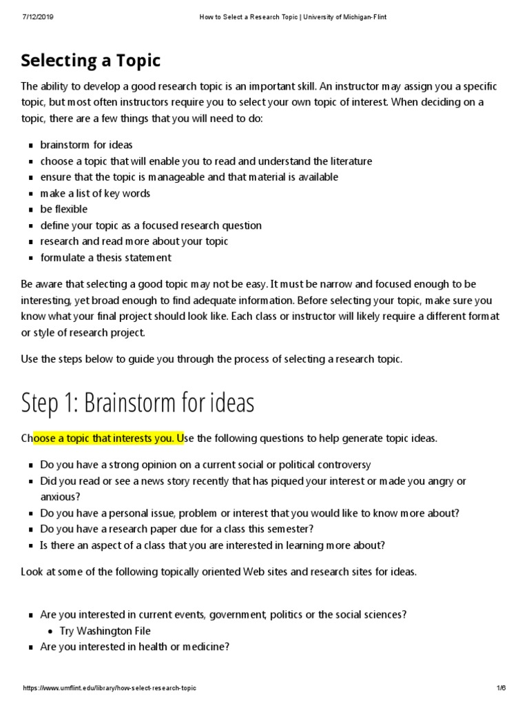 Selecting a Research Topic Guide | PDF | Question | Web Search Engine