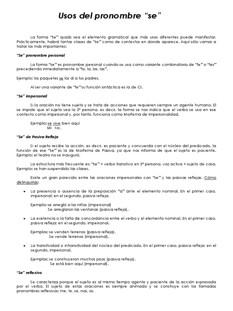 Usos de SE | PDF | Asunto (gramática) | Verbo