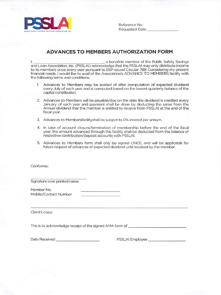 Advances To Members Authorization AMA Form | PDF