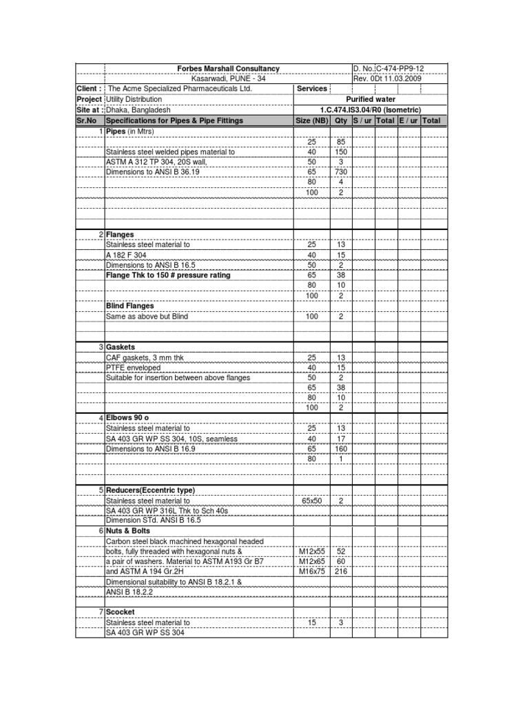 BOQ For Pipe Fittings For Purified Water PDF | PDF | Pipe (Fluid ...