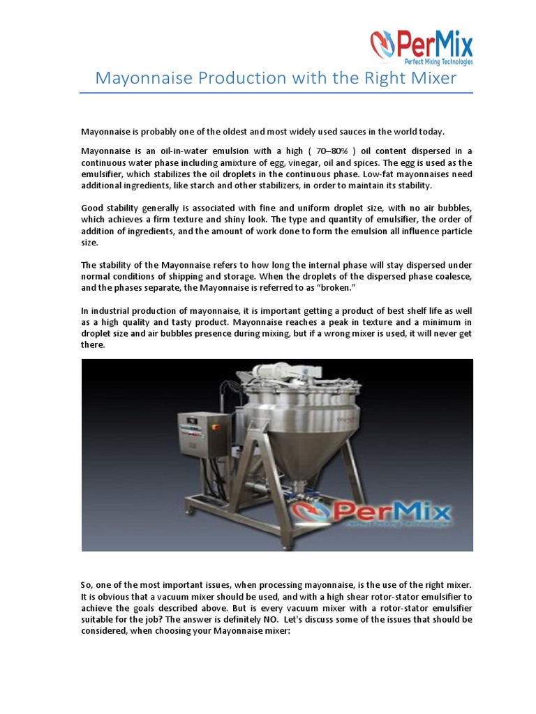 Mayonnaise Production With The Right Mixer | PDF | Emulsion | Mayonnaise