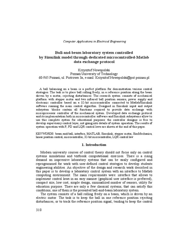 Ball-And-Beam Laboratory System Controlled by Simulink Model Through Dedicated Microcontrolled ...