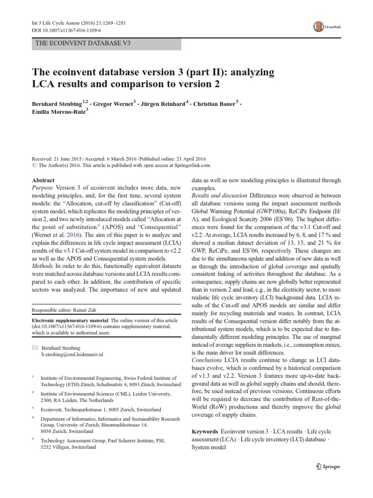 The Ecoinvent Database Version 3 (Part II) - Analyzing LCA Results and Comparison To Version 2 ...