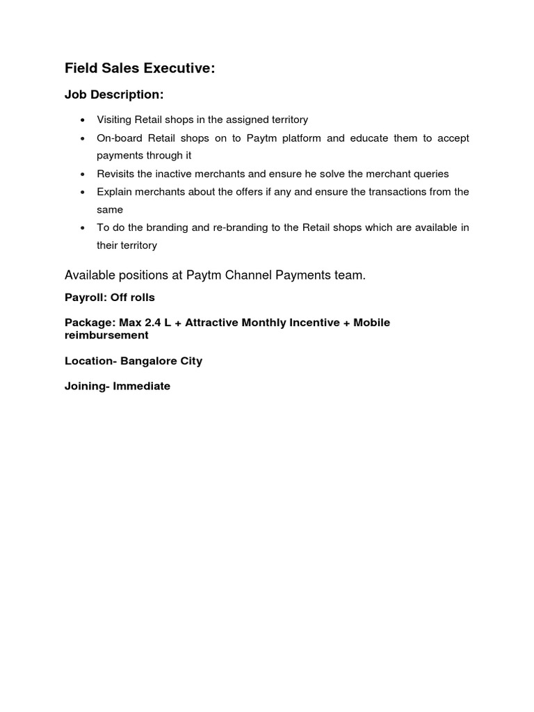 Paytm Field Sales Executive Job Overview | PDF