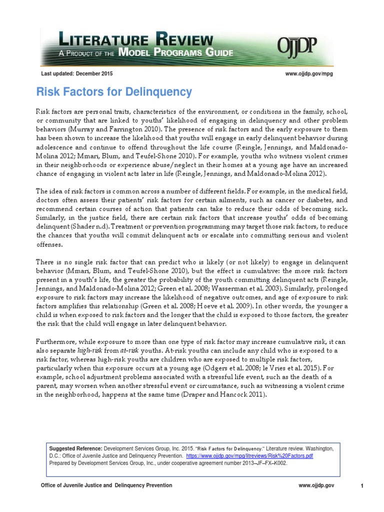 Risk Factors For Delinquency: Last Updated: December 2015 WWW - Ojjdp ...
