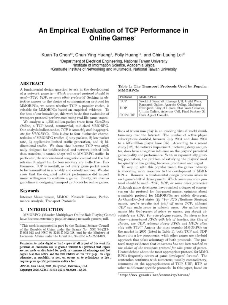 An Empirical Evaluation Of Tcp Performance In Online Games Pdf Transmission Control Protocol