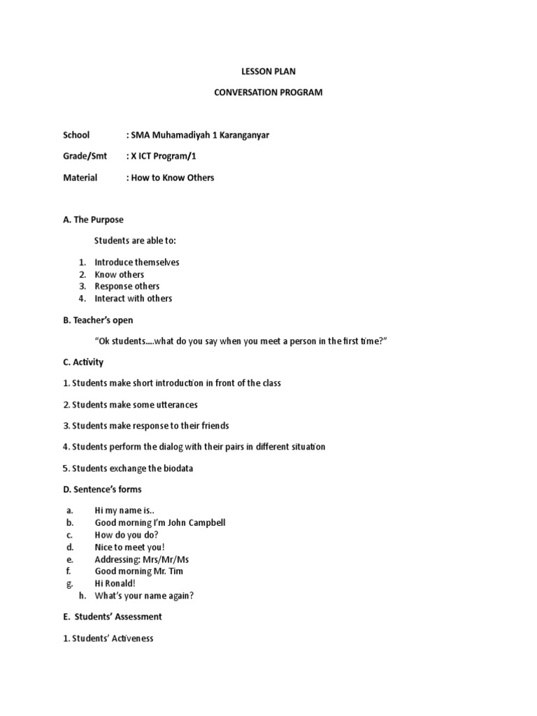 Conversation Lesson Plans Grade X | PDF | Educational Technology ...