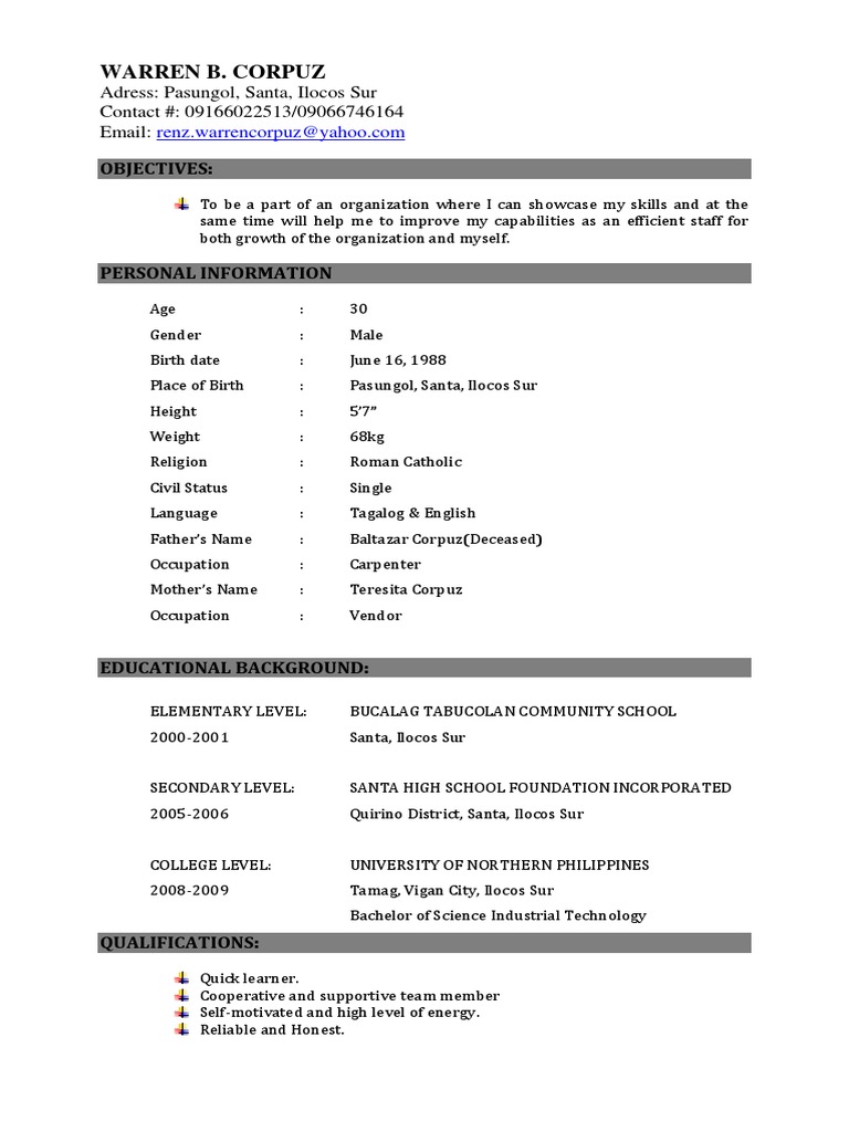 Warren B. Corpuz: Objectives | PDF