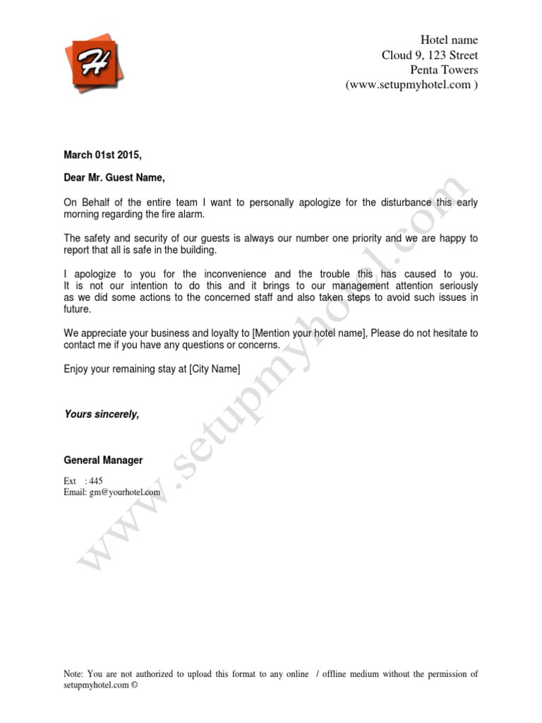 Hotel Apology Letter - False Fire Alarm | PDF