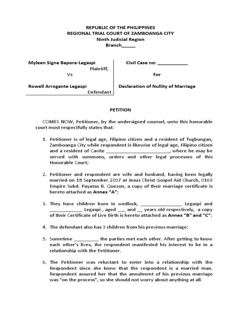 Declaration of Nullity of Marriage | Affidavit | Annulment