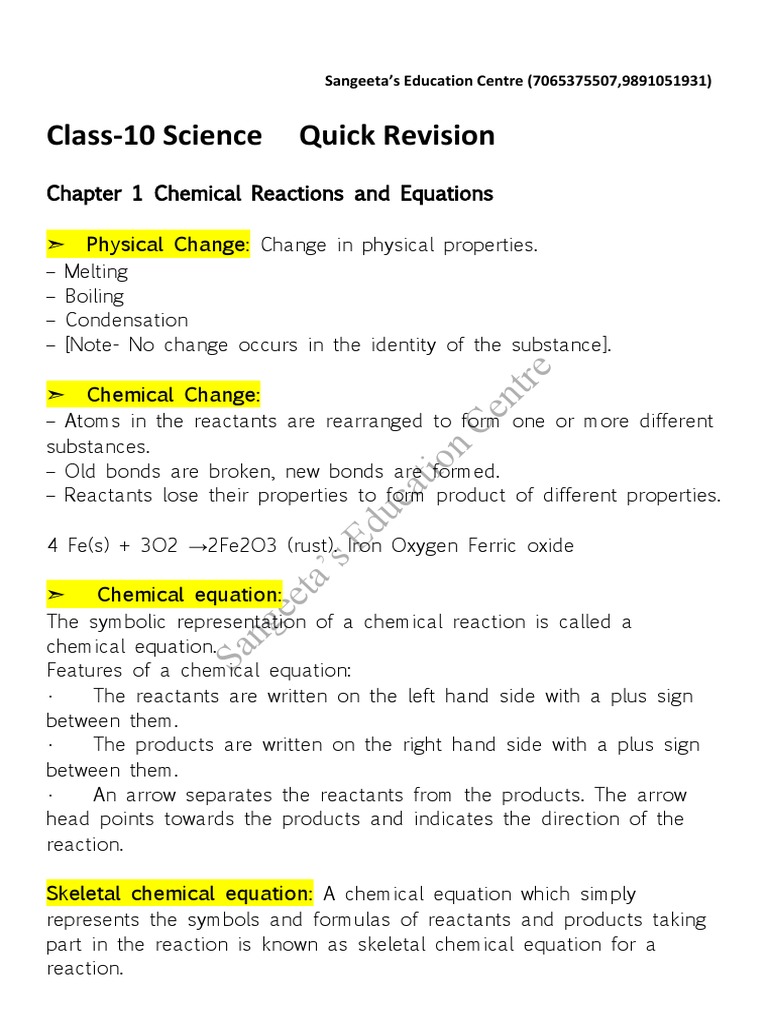 Class 10 Science: Chemical Reactions | PDF | Redox | Chemical Reactions