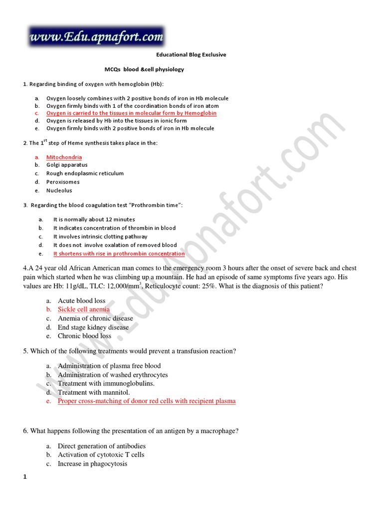 Blood and Cell Physiology Mcqs With Key | PDF | Anemia | Red Blood Cell