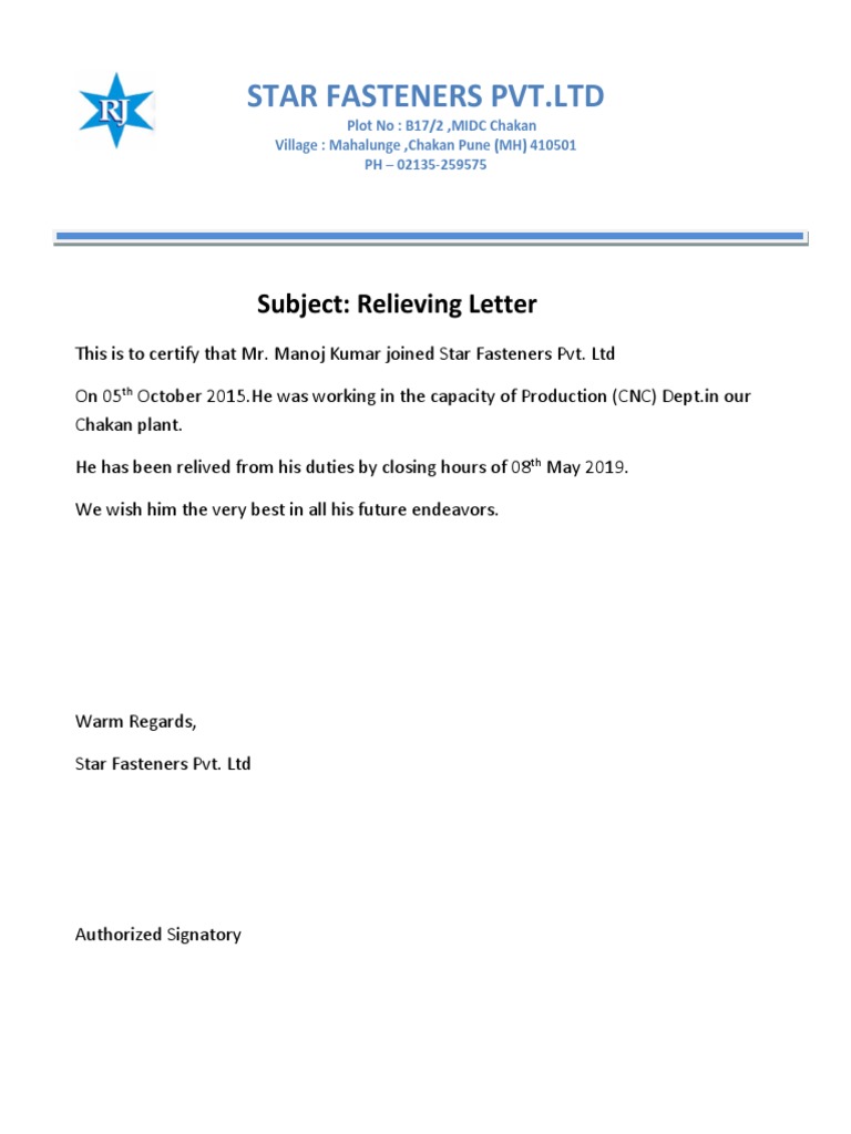Star Fasteners PVT - LTD: Subject: Relieving Letter | PDF
