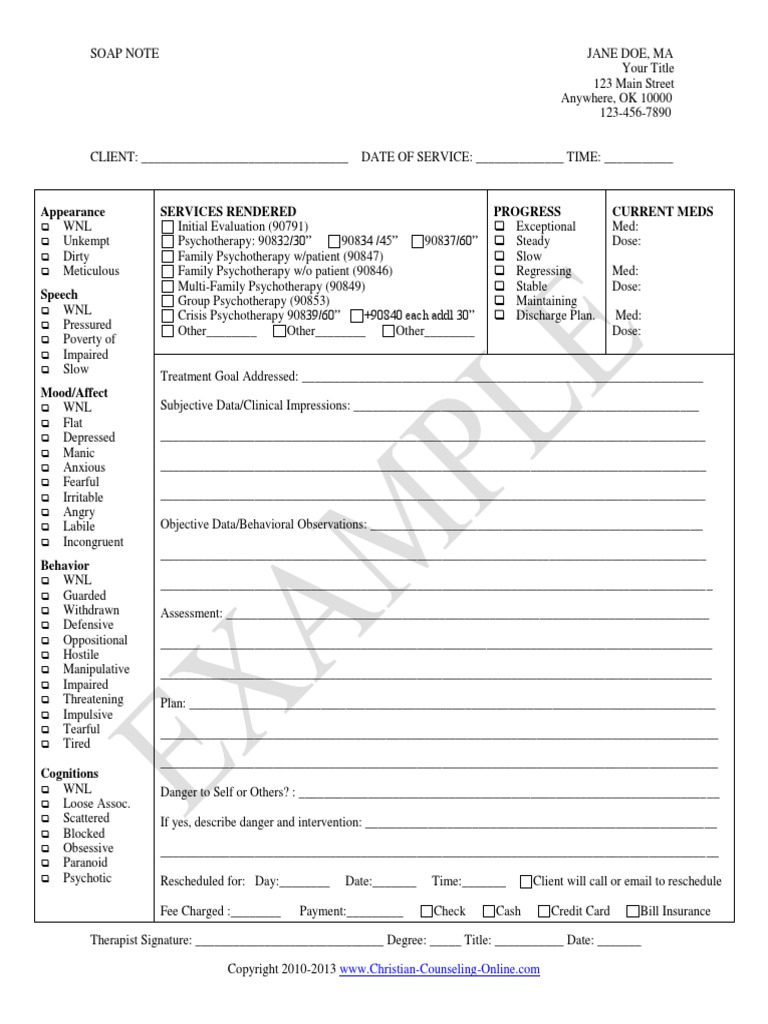 Soap Note - Example | PDF | Psychotherapy | Abnormal Psychology