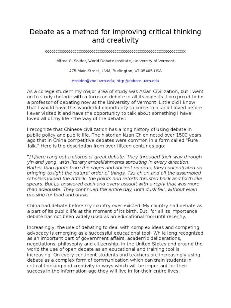 Debate As A Method For Improving Critical Thinking and Creativity | PDF ...