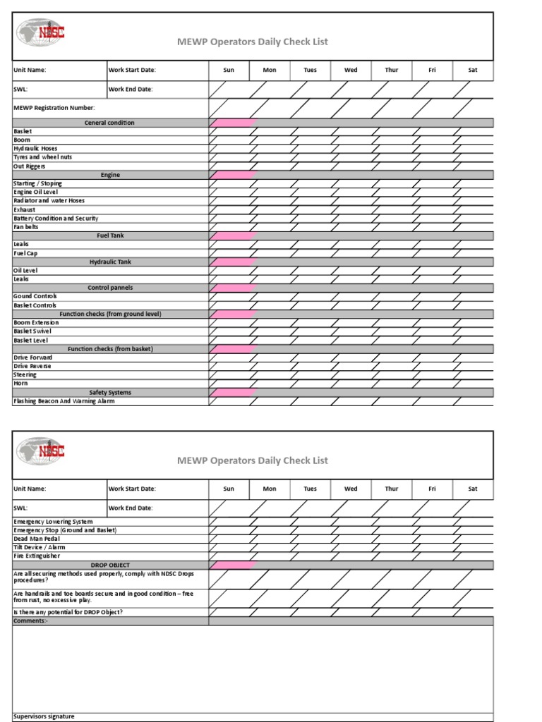 MEWP Daily Check Sheet OHS PR 009 FM 01 083 | PDF
