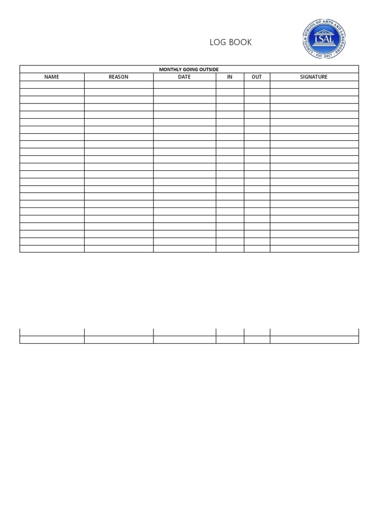 Log Book: Name Reason Date IN OUT Signature | PDF