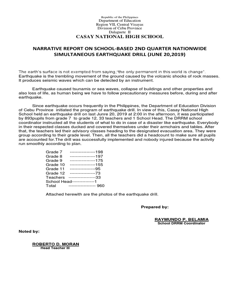 Sample Earthquake Drill Report | Download Free PDF | Emergency ...