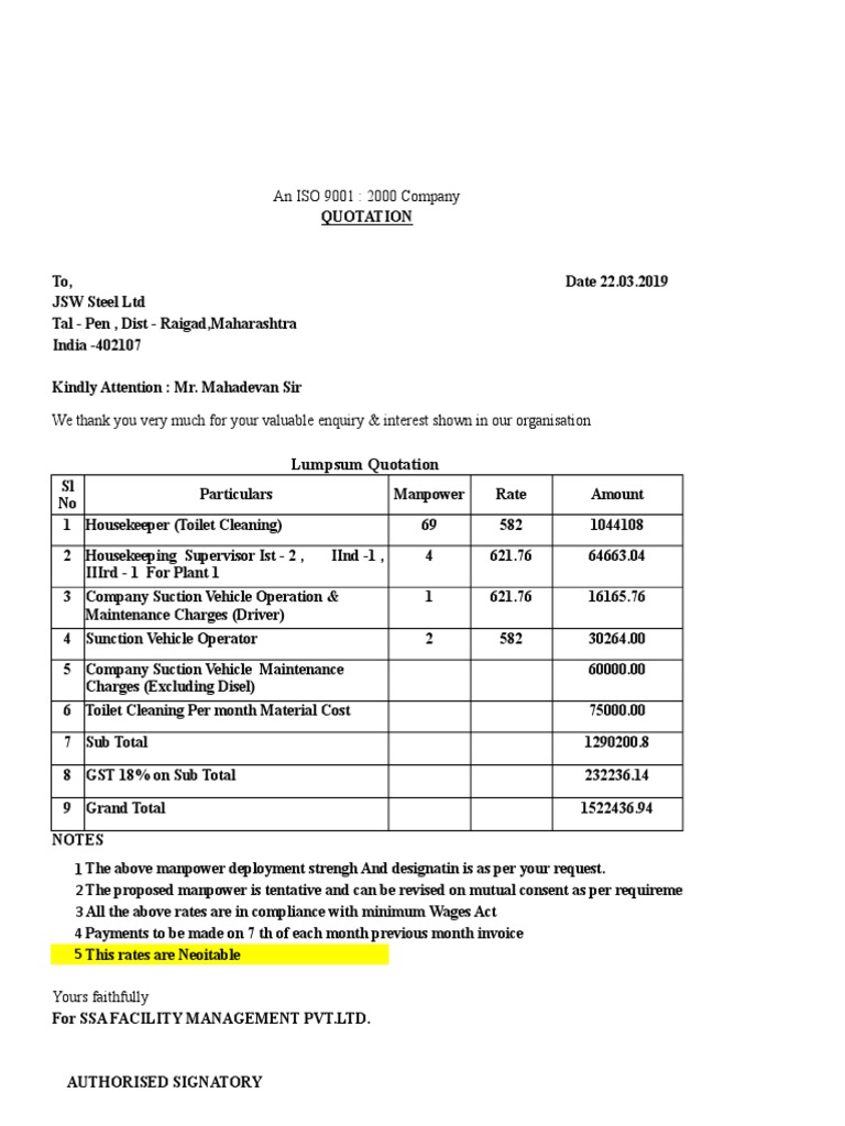 Housekeeping Services Quotation Sample | PDF