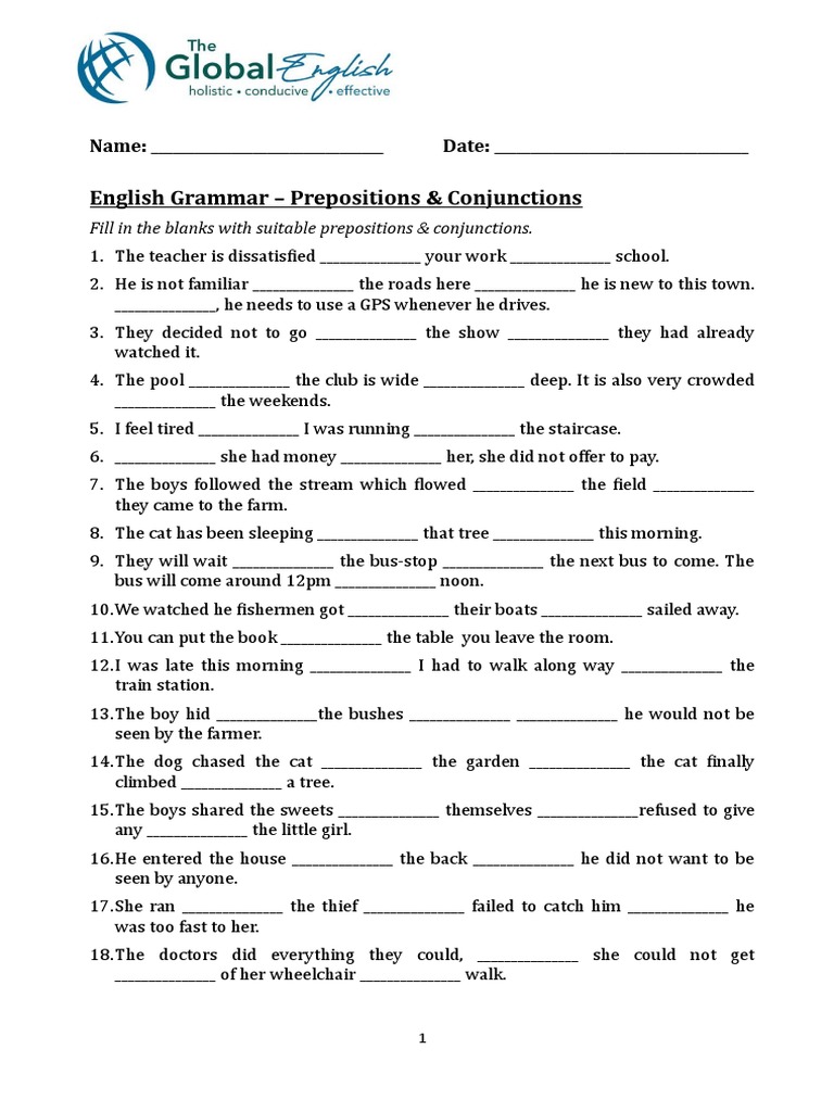 Prepositions and Conjunctions Exercise | PDF | Career & Growth ...