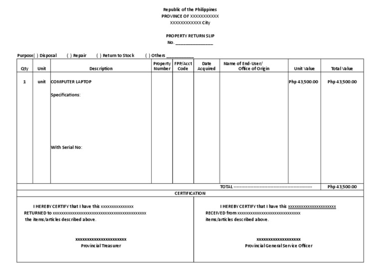 Property Return Slip To General Services | PDF