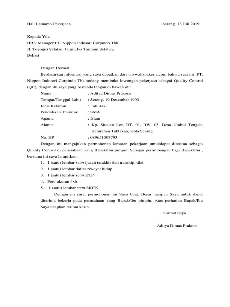 Surat Lamaran Kerja Quality Control | PDF