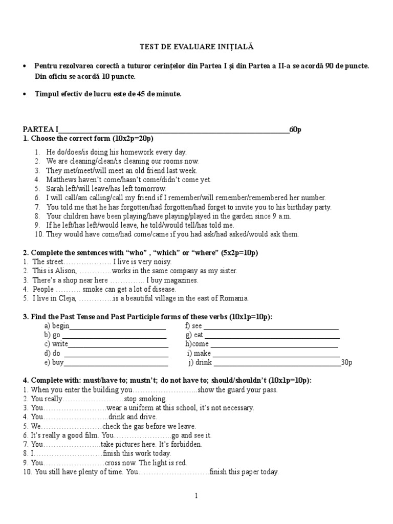 Test Evaluare Inițială Limba Engleză | PDF | Grammatical Tense | Verb