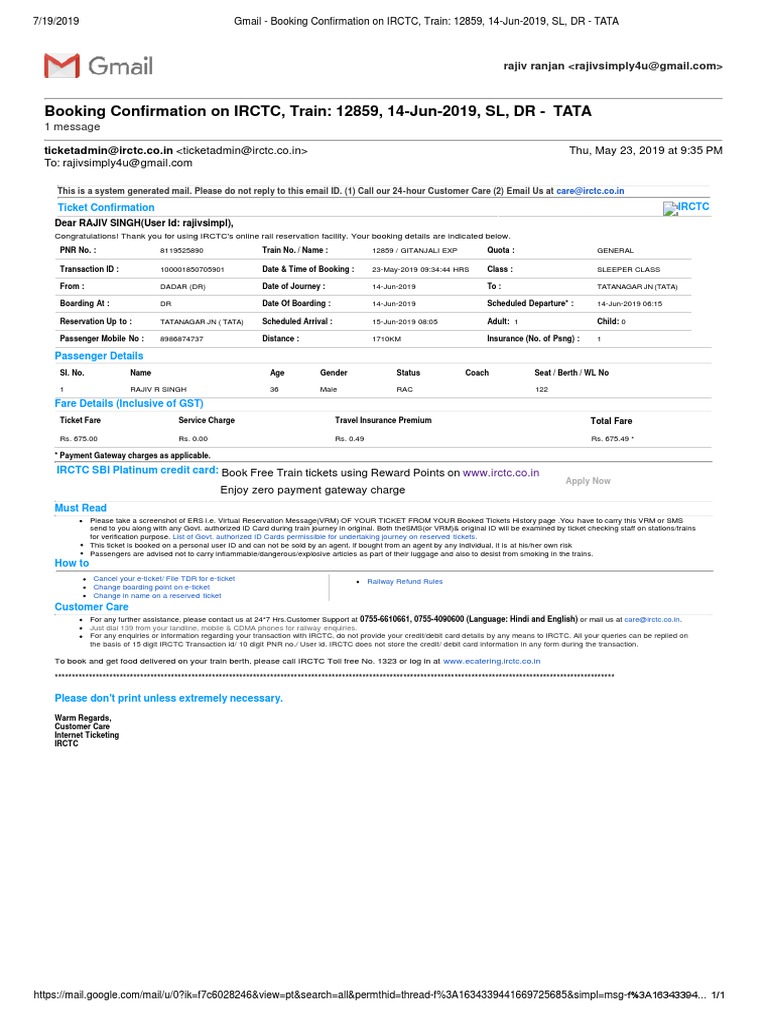 Booking Confirmation On IRCTC, Train: 12859, 14-Jun-2019, SL, DR - TATA ...