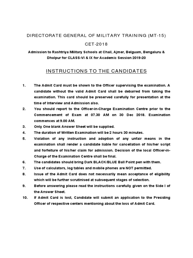 Instructions To The Candidates: Directorate General of Military ...