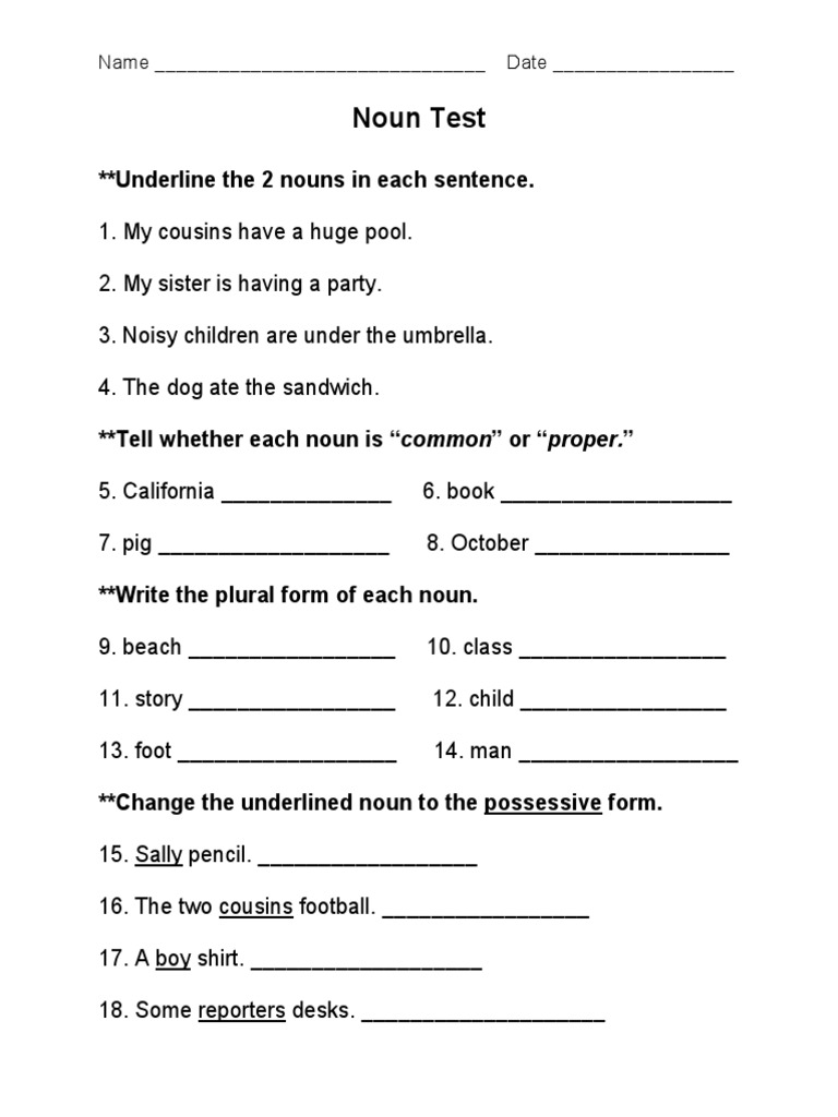 Noun Test Worksheet | PDF