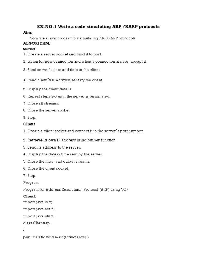 EX - NO:1 Write A Code Simulating ARP /RARP Protocols: Aim: Algorithm: Server | PDF | Computer ...