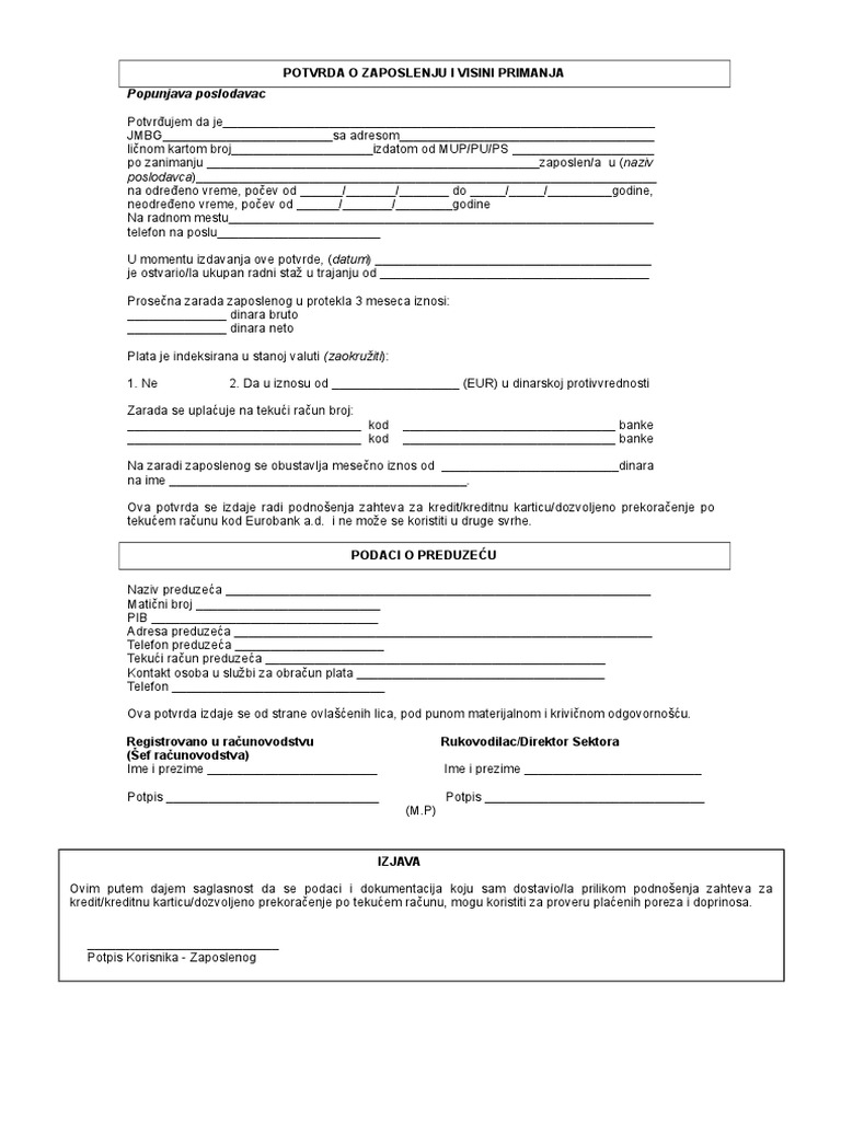 Potvrda o Zaposlenju New | PDF