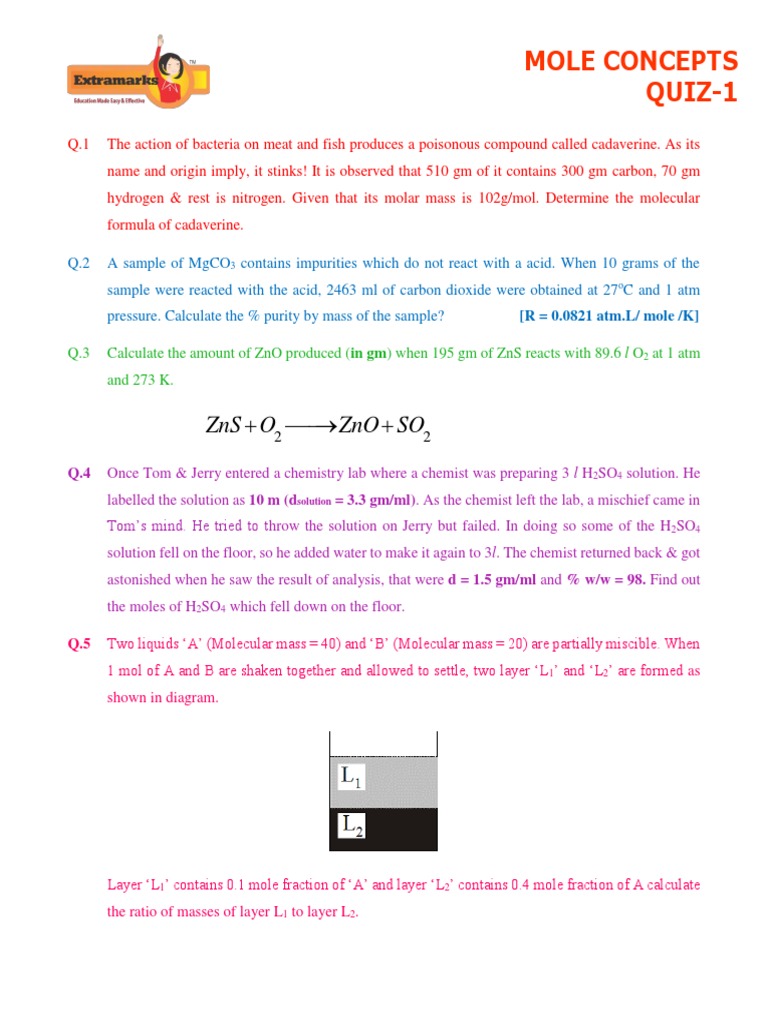 Mole Concept Quiz Questions | PDF | Mass Concentration (Chemistry ...