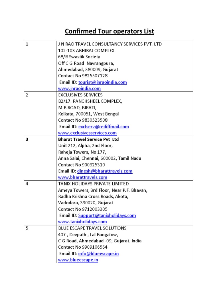 Confirmed Tour Operators List: 3 Bharat Travel Service PVT LTD | PDF ...