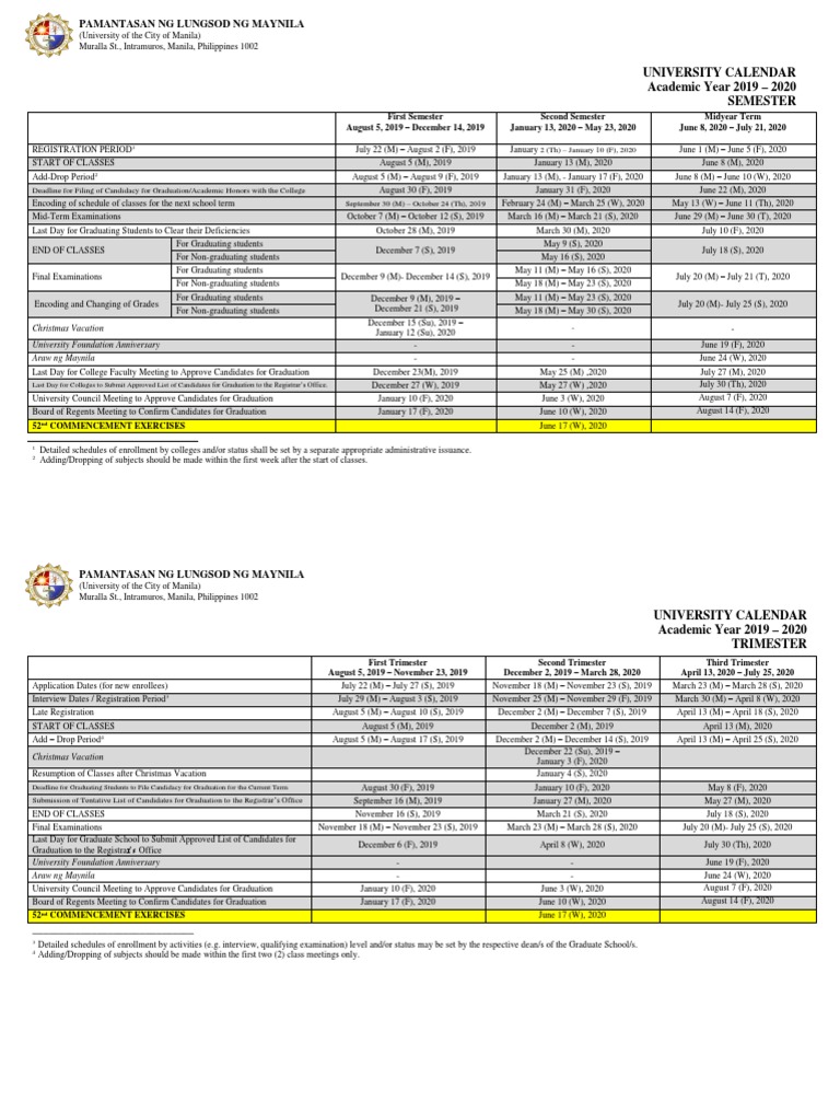 PLM University Calendar SY 2019-2020 PDF | PDF | Academic Term ...