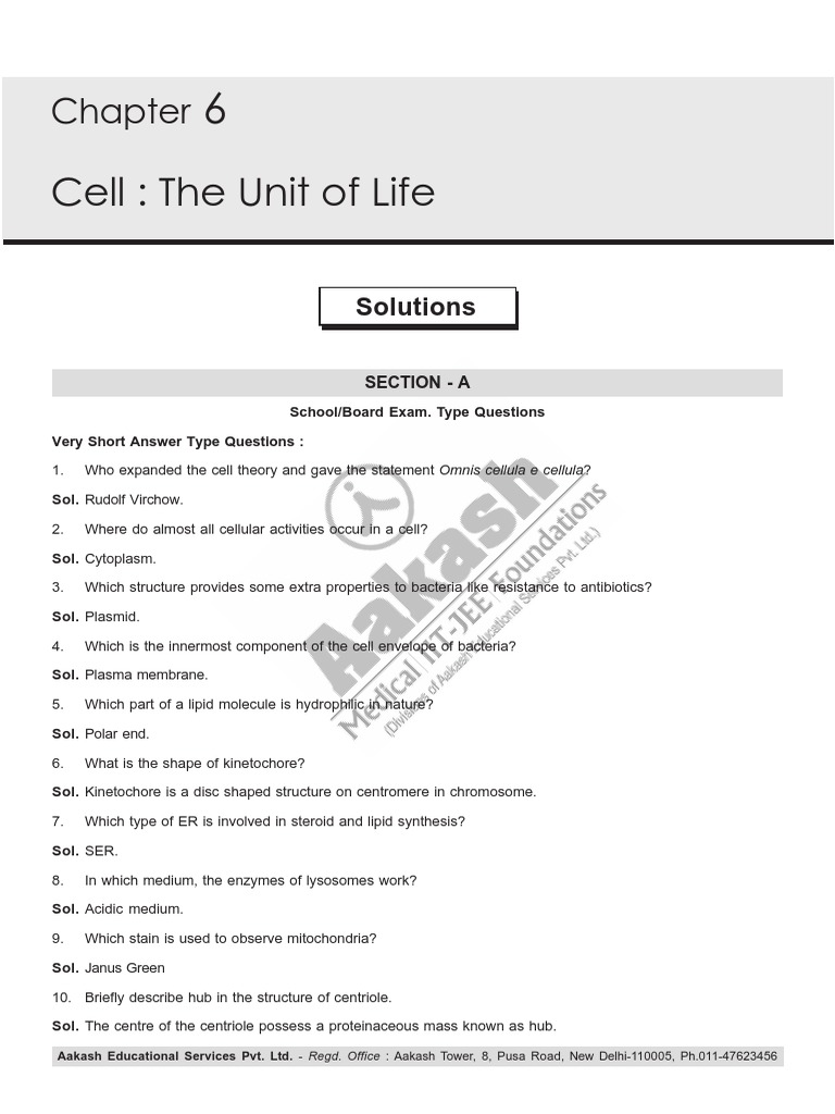 Cell: The Unit of Life: Solutions | PDF | Cell Nucleus | Cell (Biology)