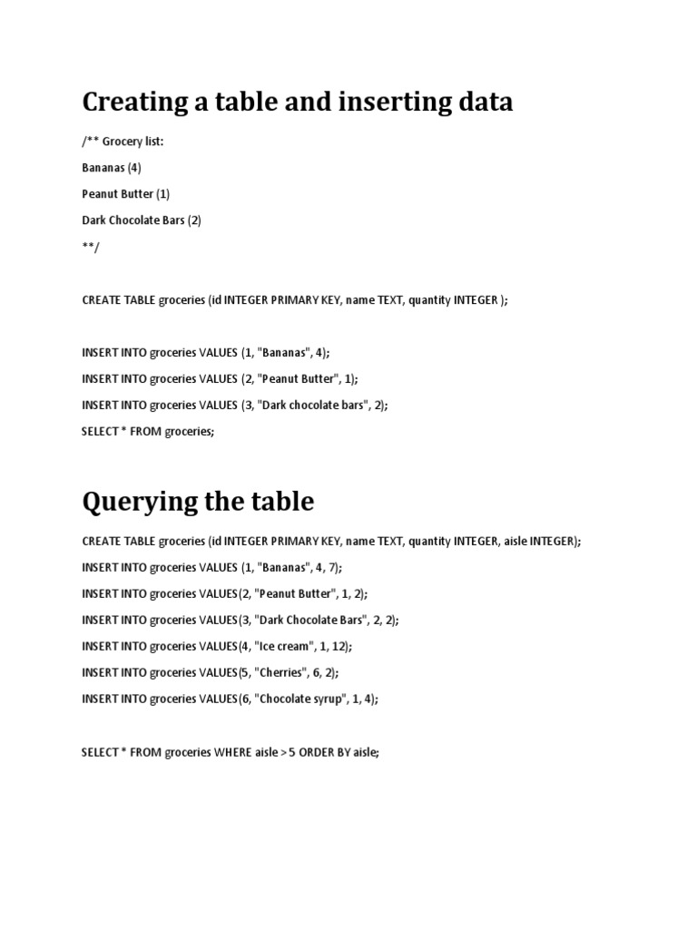 Creating A Table and Inserting Data | PDF