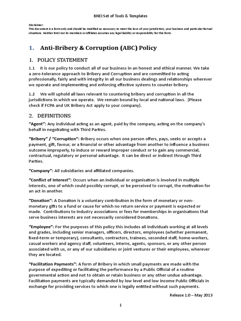 1 Anti Bribery and Corruption Policy 1.0 | PDF | Bribery | Corruption
