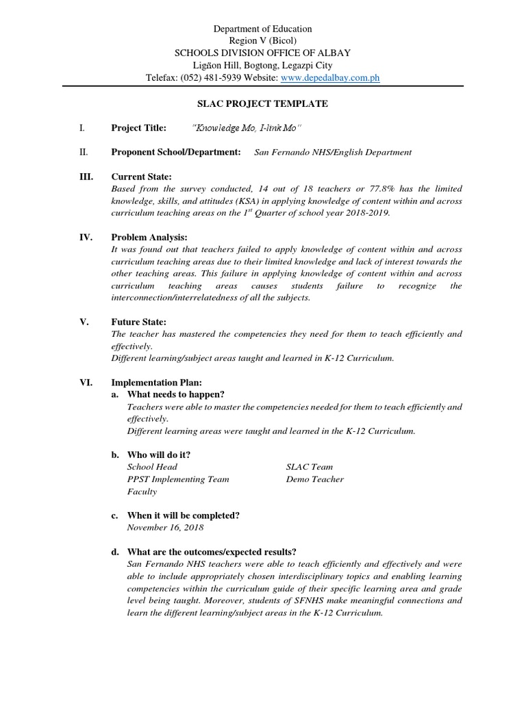 Slac Project Template | PDF | Teachers | Curriculum