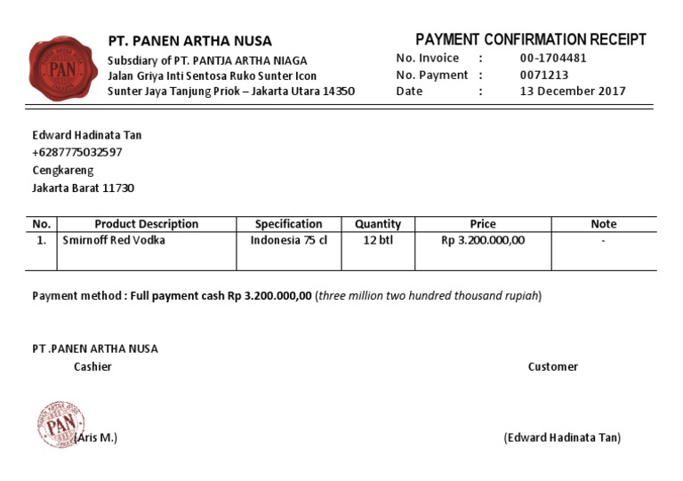 Pt. Panen Artha Nusa Payment Confirmation Receipt | PDF