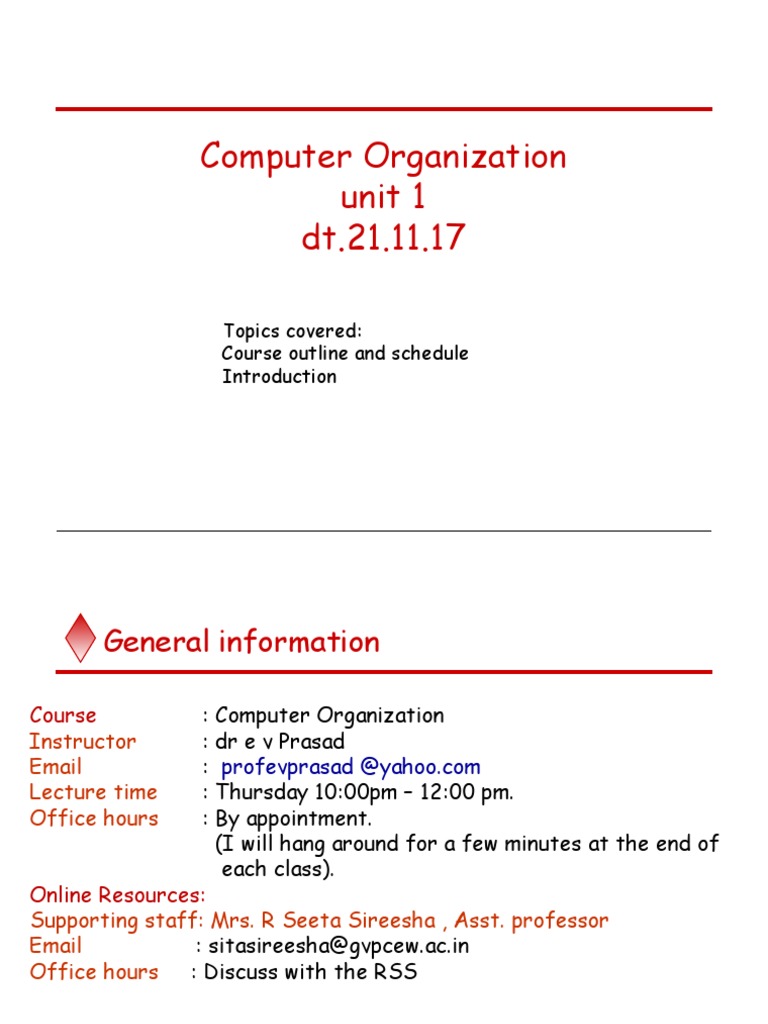 Computer Organization Course Outline: Topics, Schedule, and Objectives ...