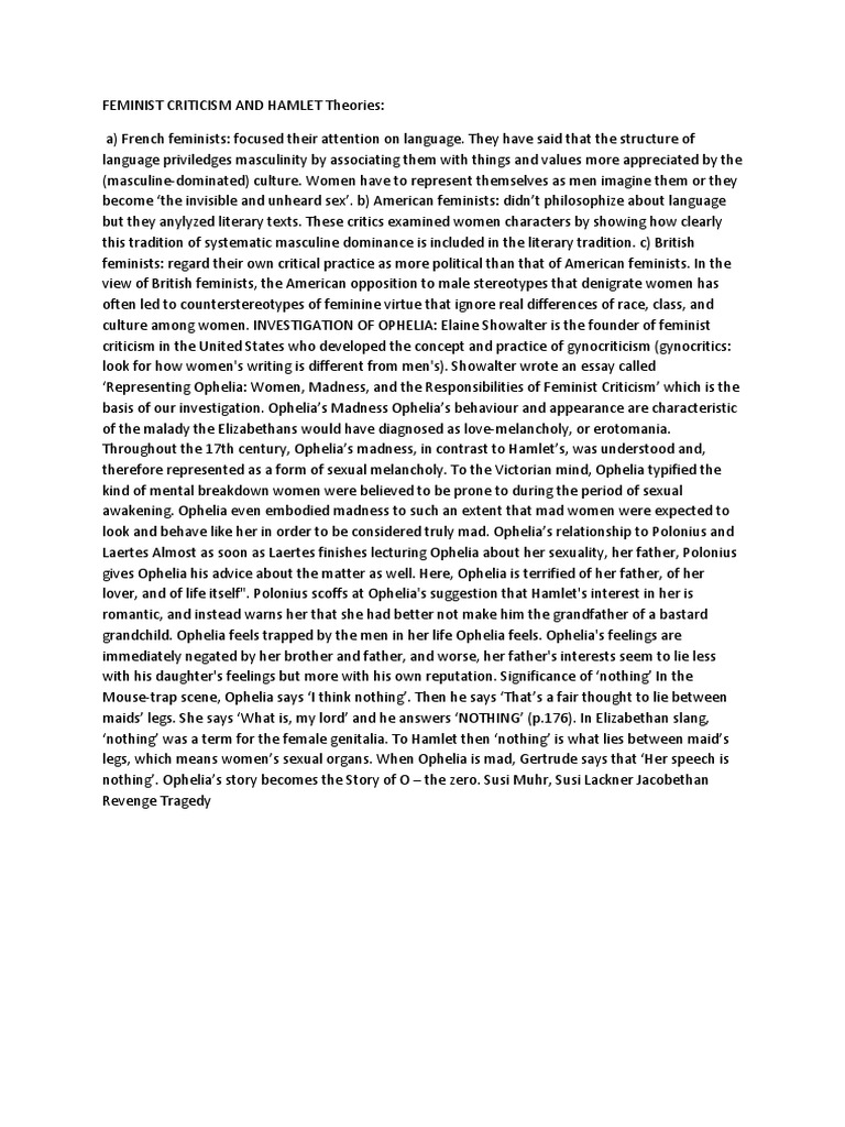 Feminist Criticism and Hamlet Theories | PDF | Feminism | Gender Studies